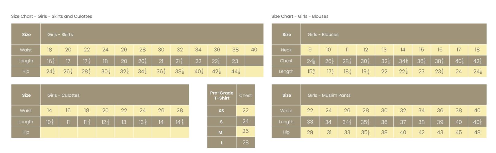 Measurement charts for girls | https://mads.lk